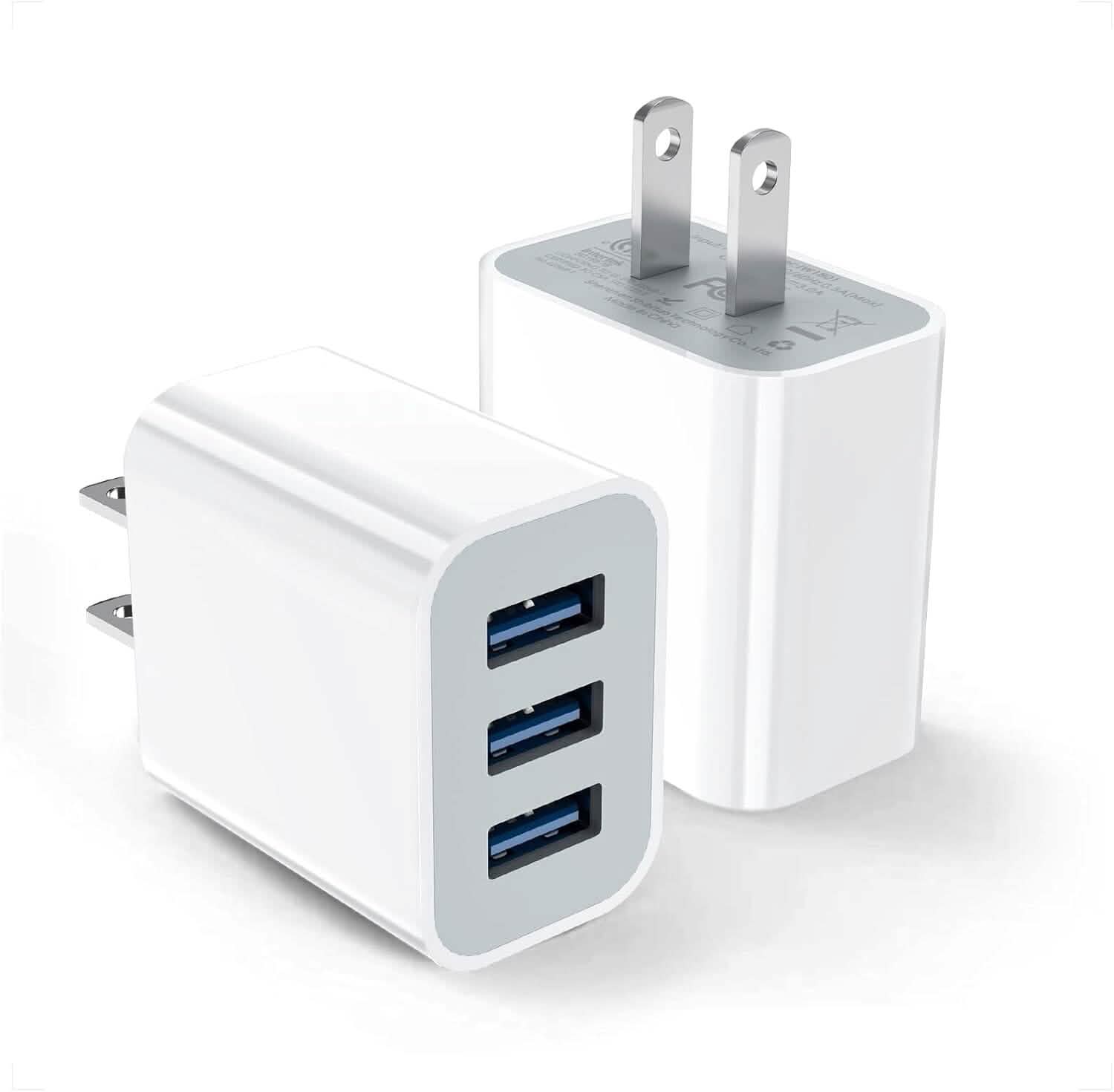 2-Pack: Compact 3-Port USB Wall Charger Adapters with Quick Charge