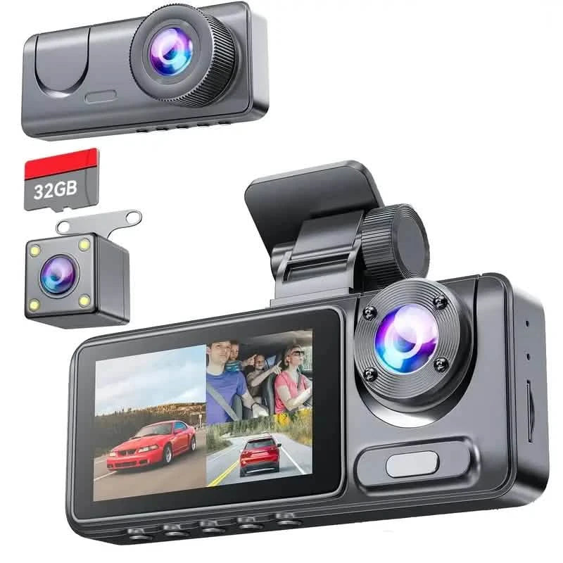 1080P Triple Dash Cam Front, Inside and Rear with 32GB Card, Night Vis