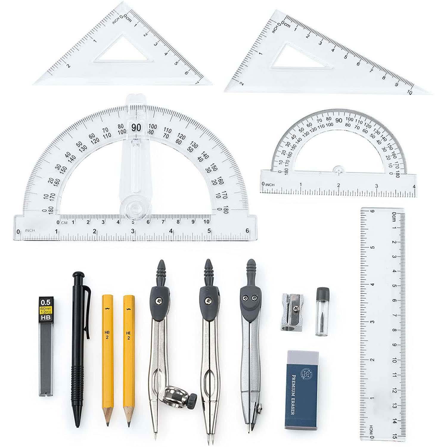 15-Piece: Ruler Supplies Math Drawing Set with Protractor and Compass