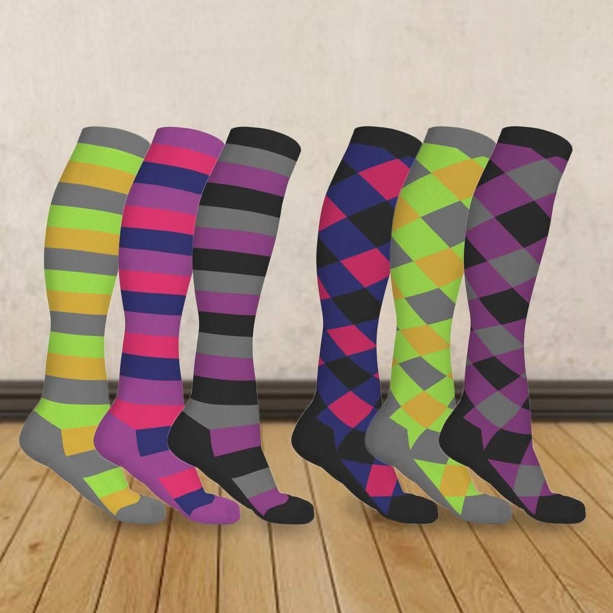 3-Pairs: Patterned Compression Socks - Assorted Styles and Sizes