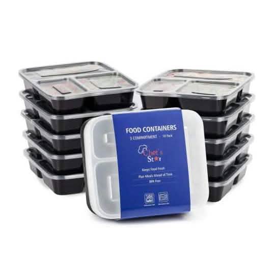 Chef's Star 3 Compartment Reusable Food Storage Containers with Lids