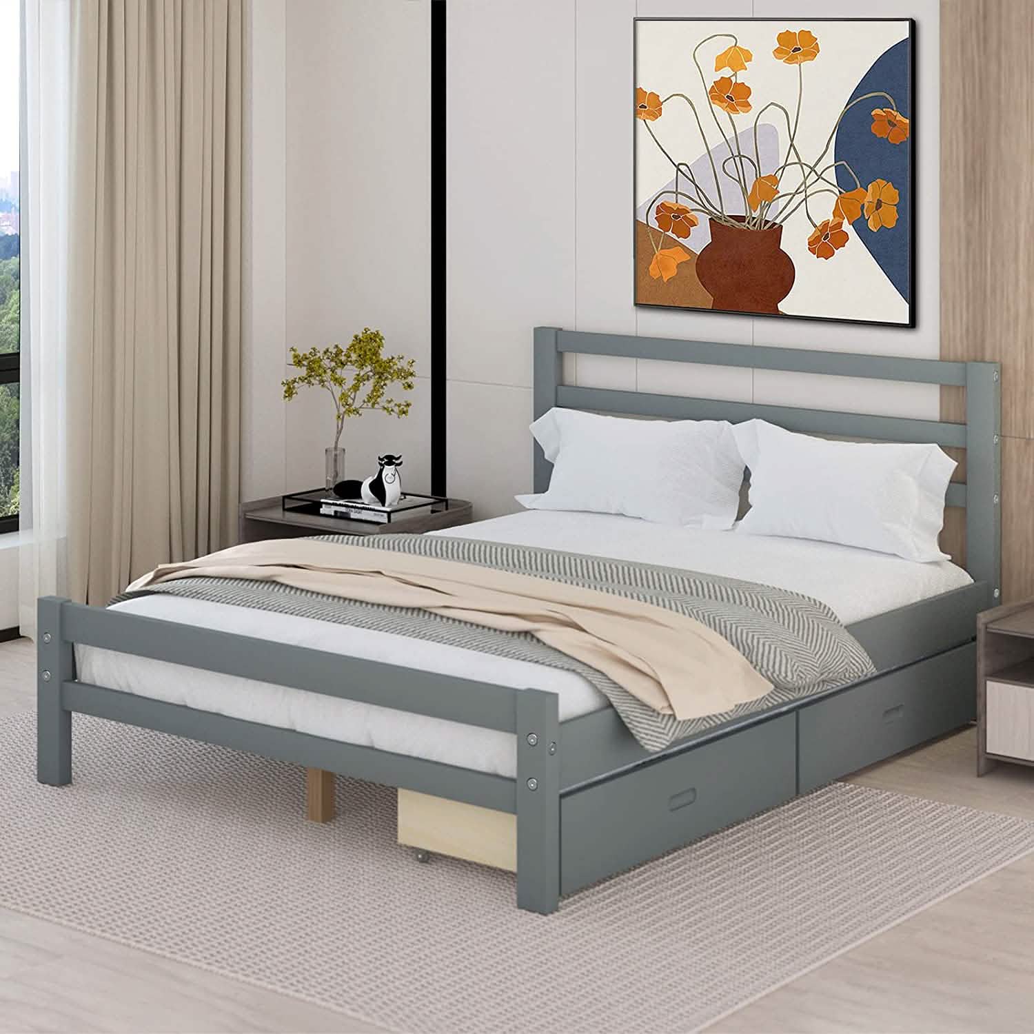 Full Platform Bed Frame With Two Storage Drawers