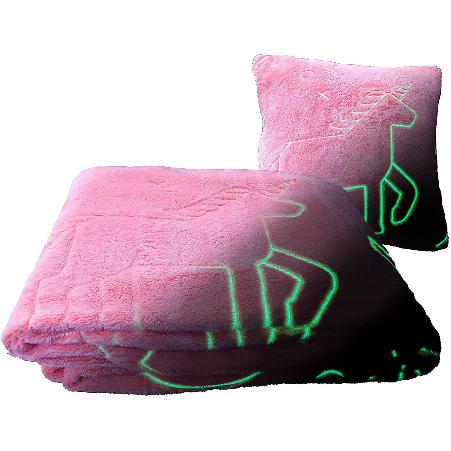 Glo-Fun Glow in the Dark Unicorn Blanket and Pillow Bag