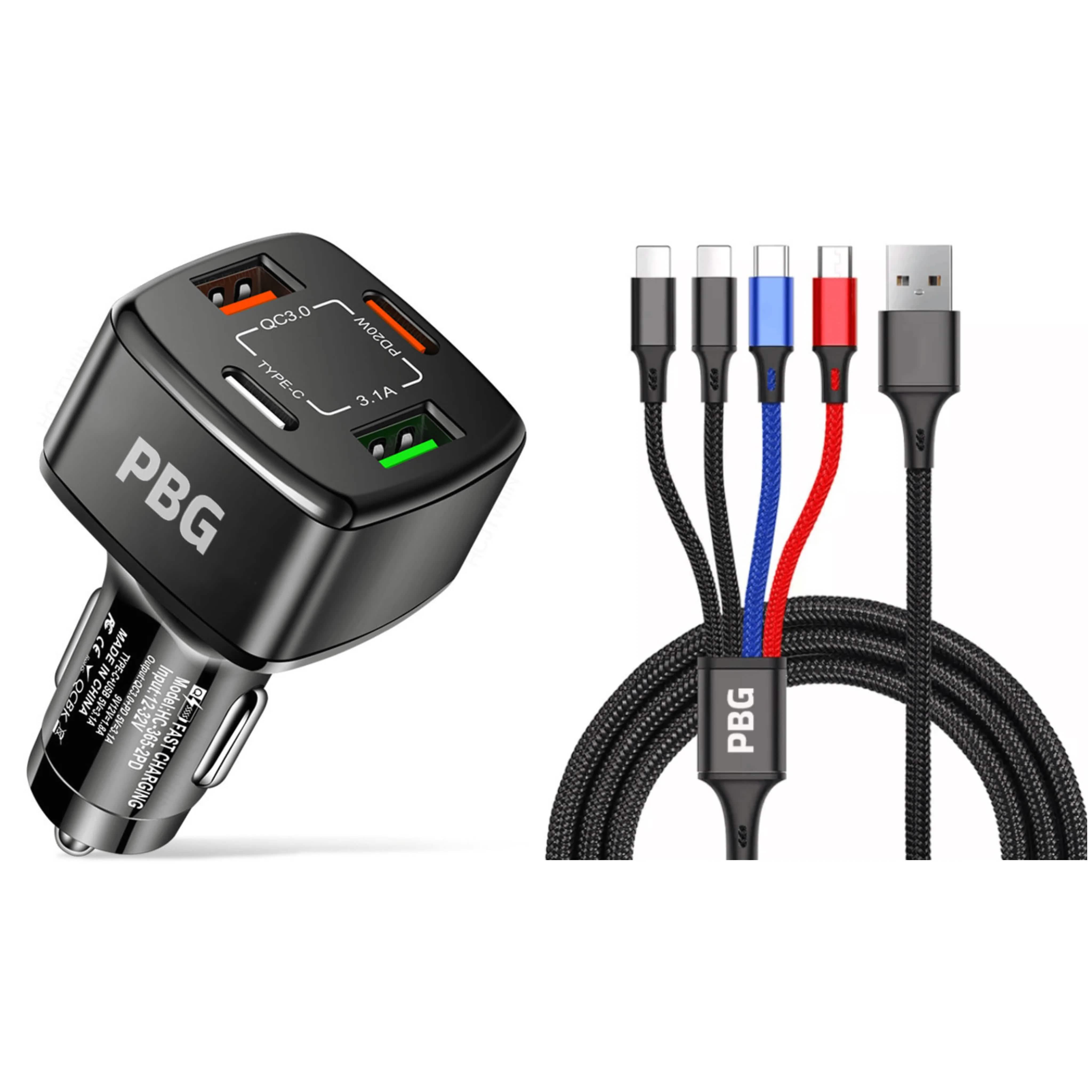 PBG 4 Port PD/USB Car Charger and 4 in 1 Nylon Cable Bundle