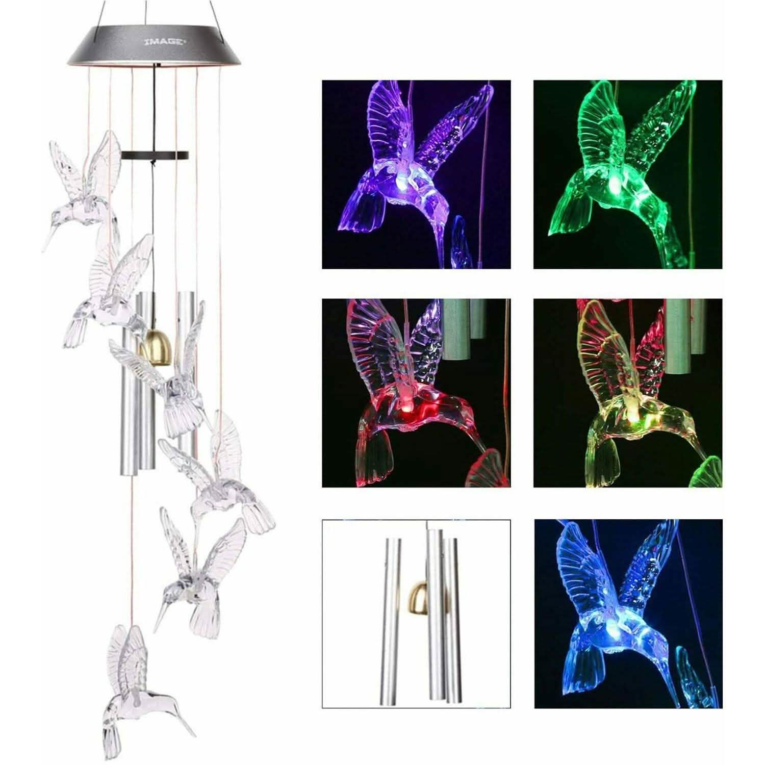 Solar Color Changing LED Hummingbird Wind Chimes Light Tubes Bells Lam