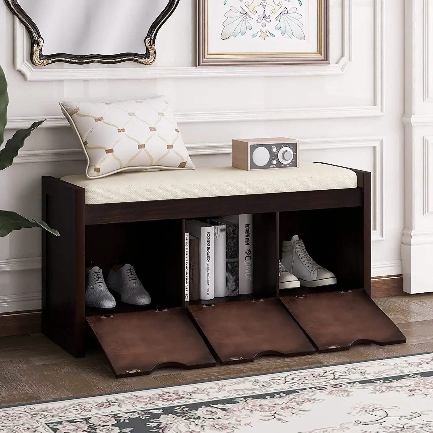 Storage Bench with Removable Cushion and 3 Flip Lock Storage Cubbies